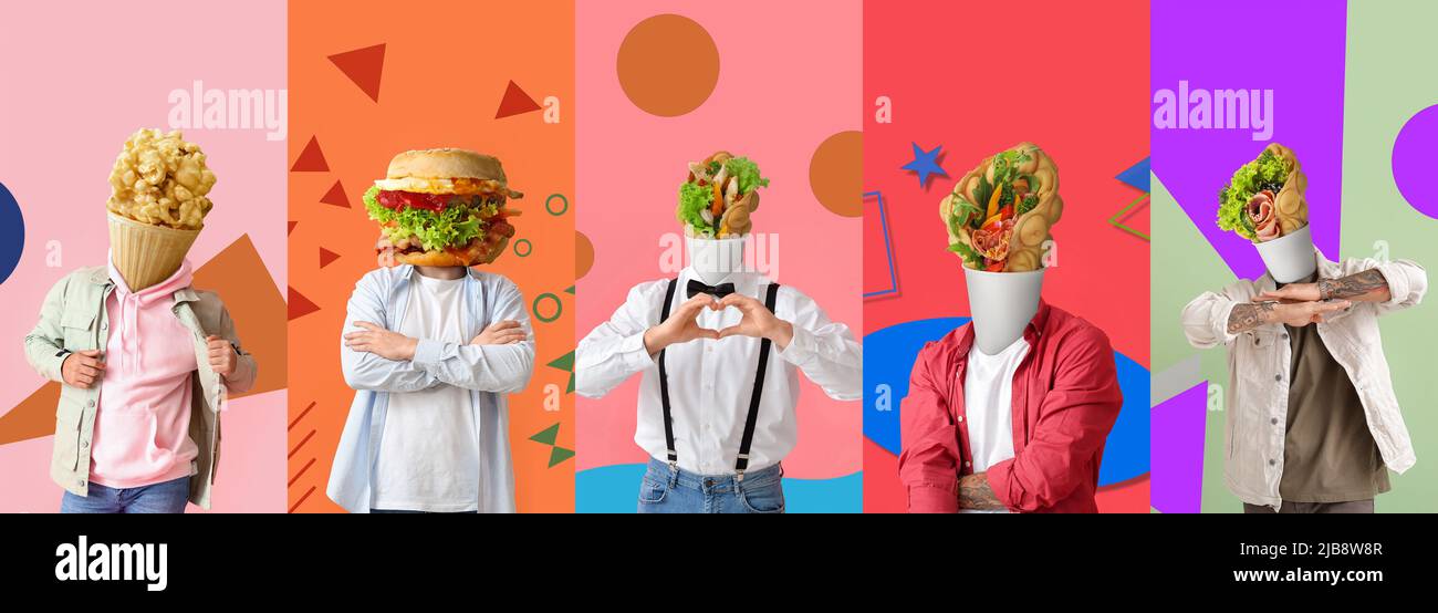 Set of people with tasty fast food instead of their heads on colorful ...