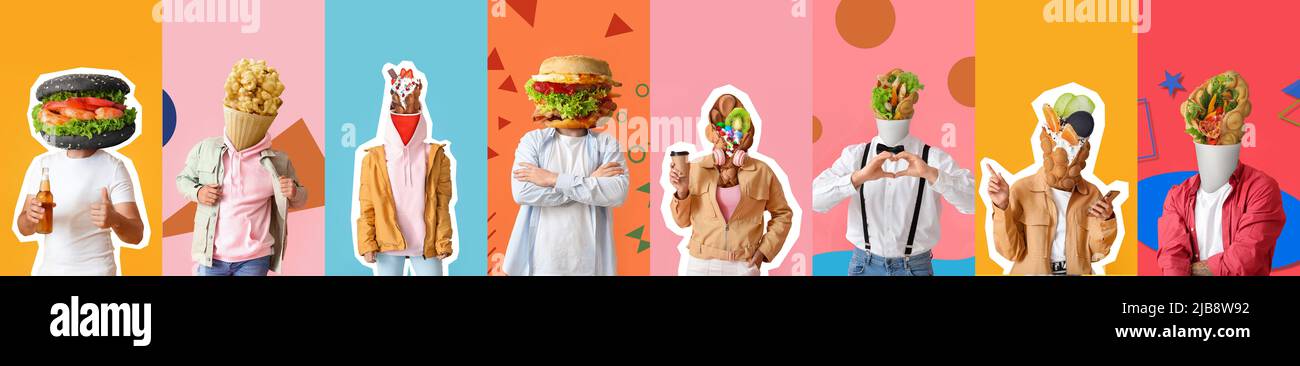Set of people with tasty food instead of their heads on colorful ...