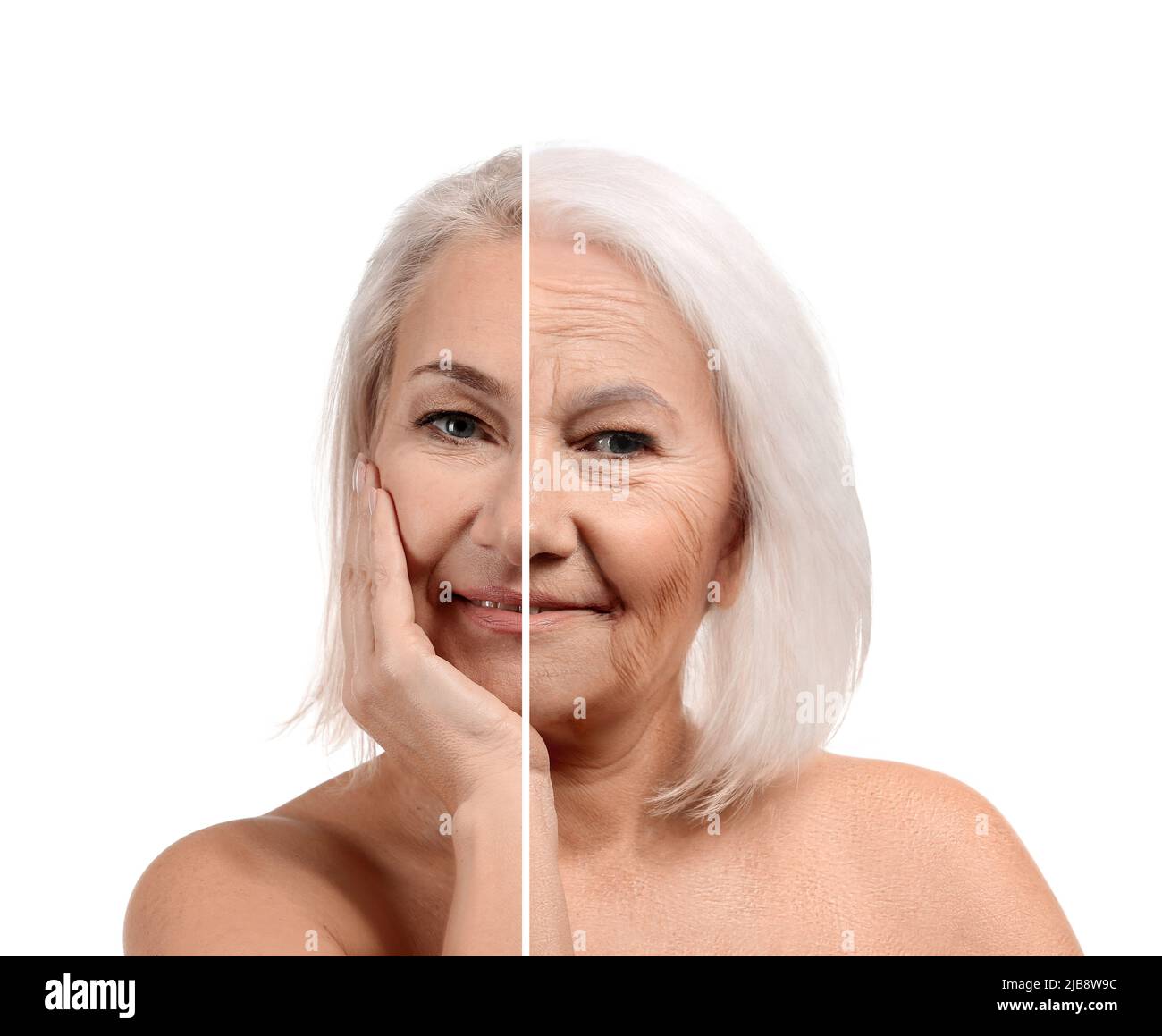Comparison portrait of woman on white background. Process of aging ...
