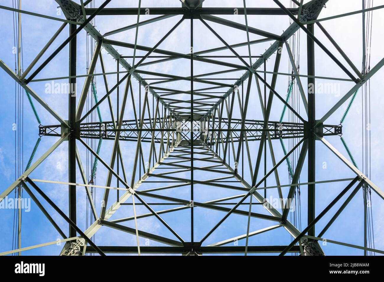 Electricity pylon photographed from below. Extreme low angle view Stock ...