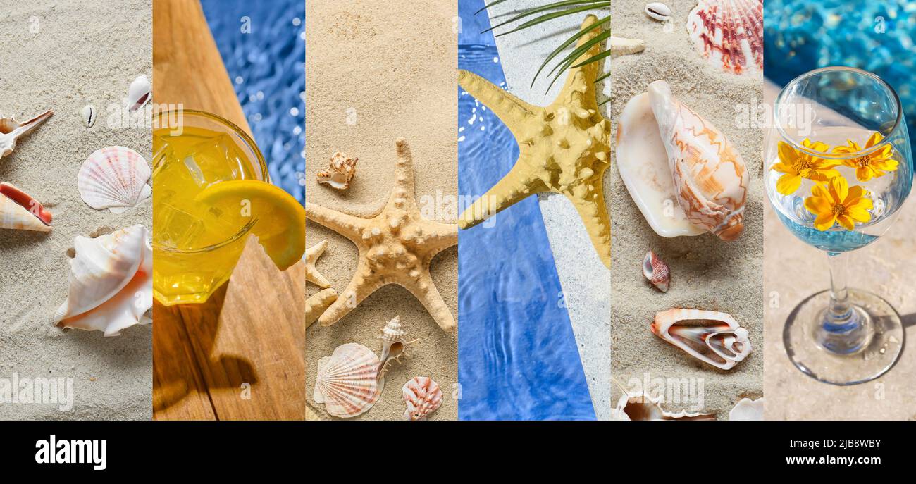 Summer collage of refreshing cocktails, sea shells and starfishes on ...