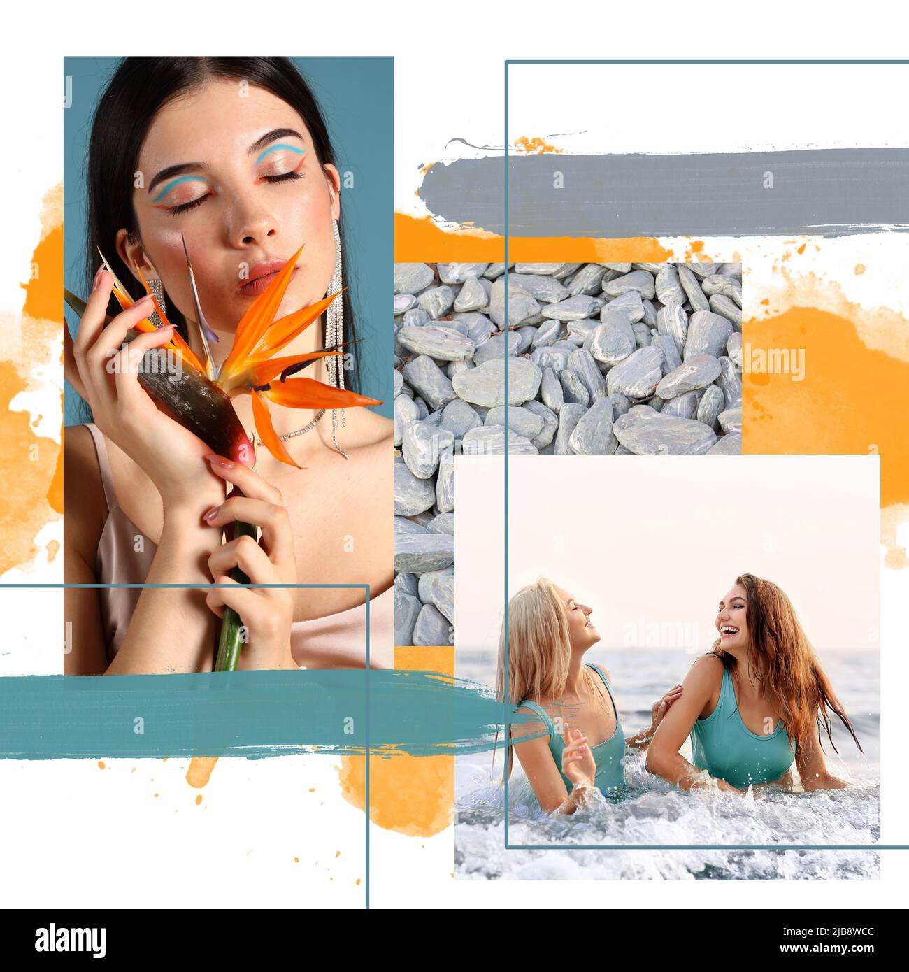 Summer collage with young women in swimsuits, with tropical flower and beach pebbles on white ...