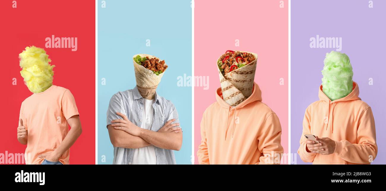 Set of people with tasty food instead of their heads on colorful ...