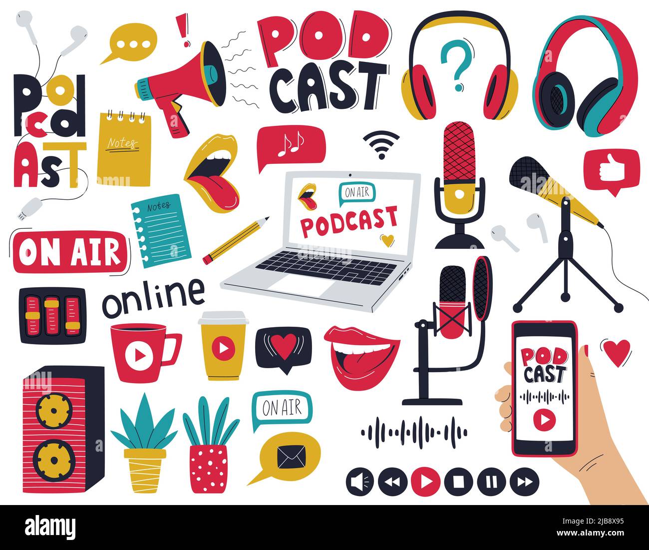 A set of decorative elements symbolizing podcasting, radio shows, audio ...