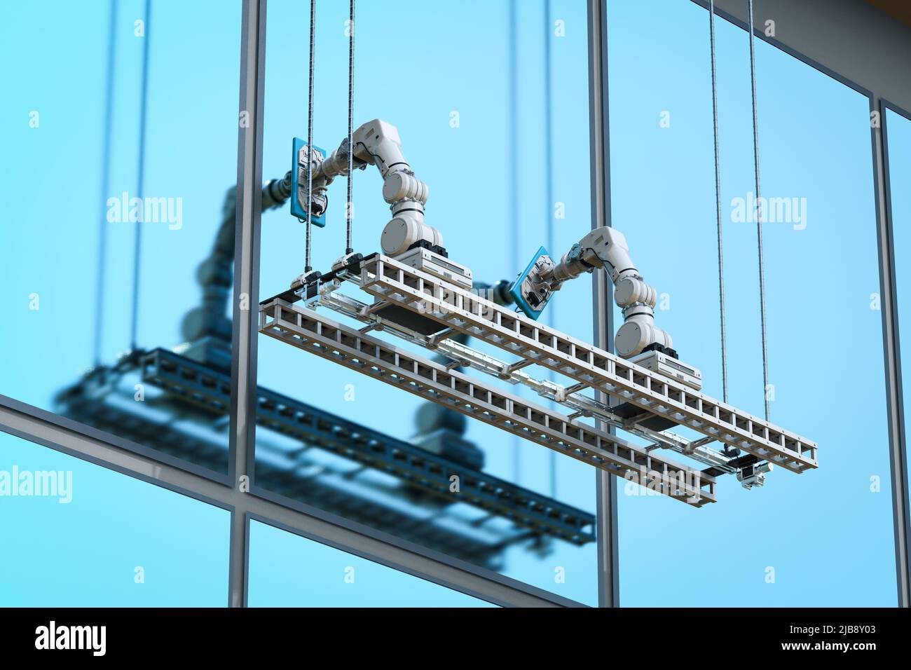 3d rendering automation robotic arms clean windows outside building ...