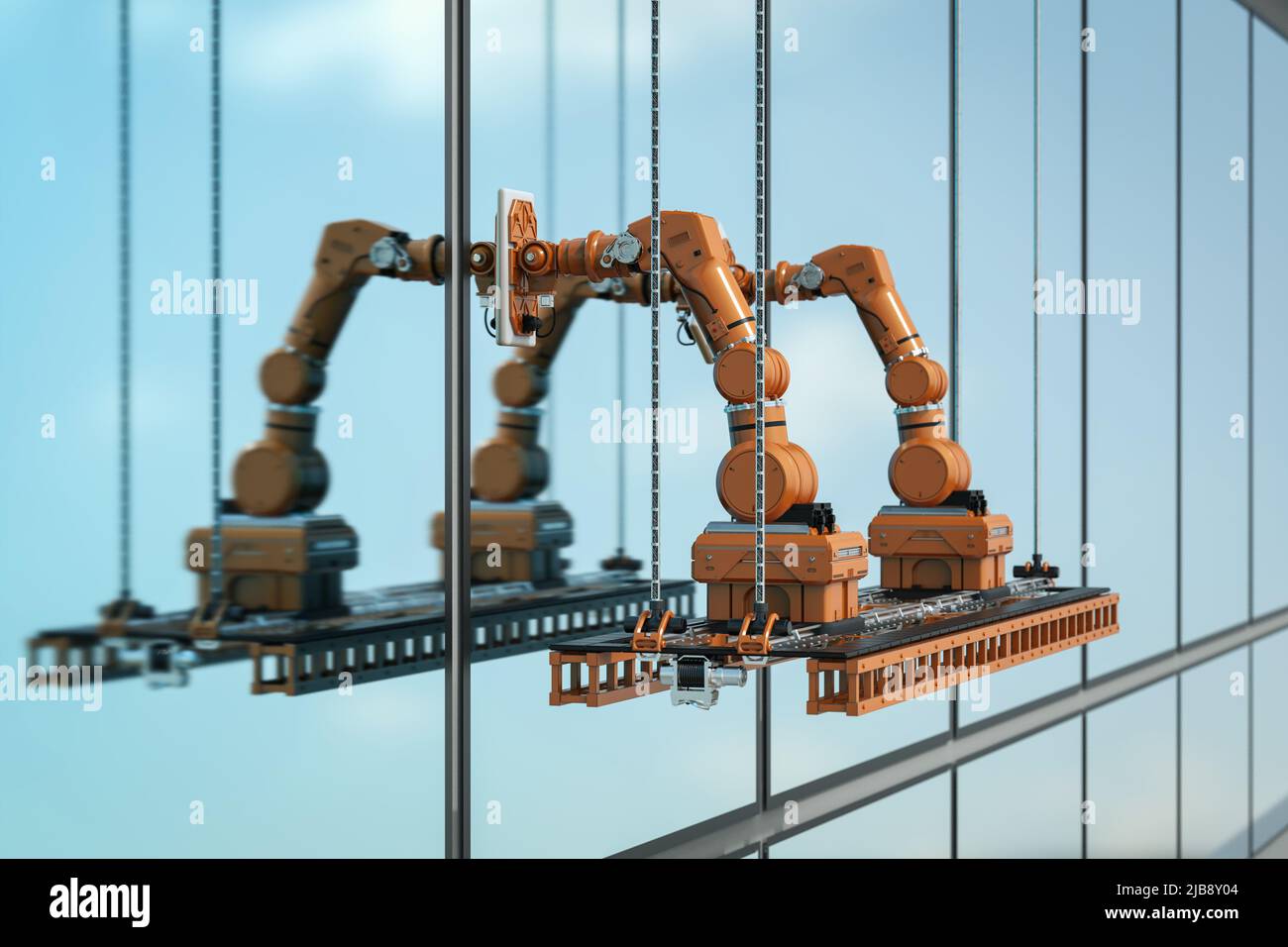 3d rendering automation robotic arms clean windows outside building ...