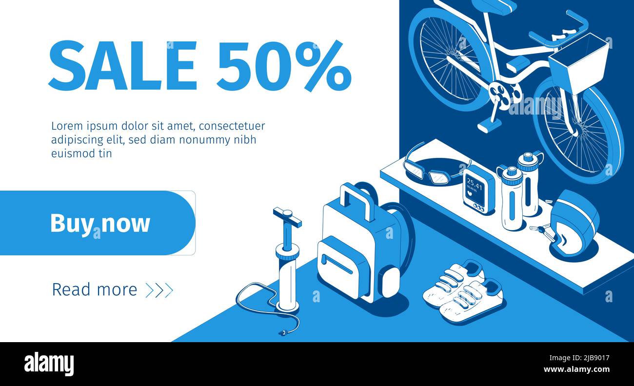 Bike shop sale isometric banner in blue and white color with bicycle ...