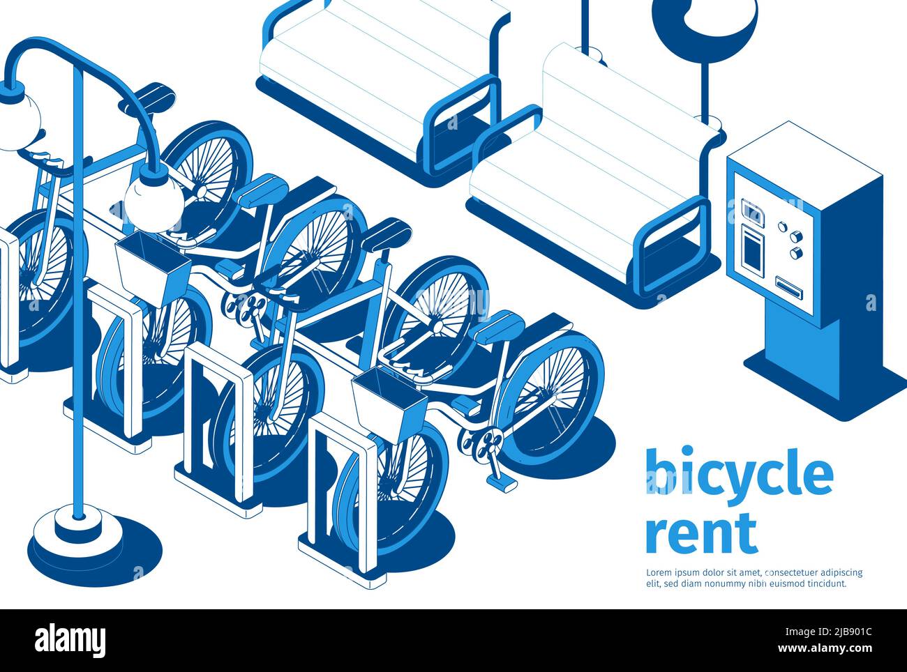 City bicycle rent service spot with parked bikes and benches of white ...