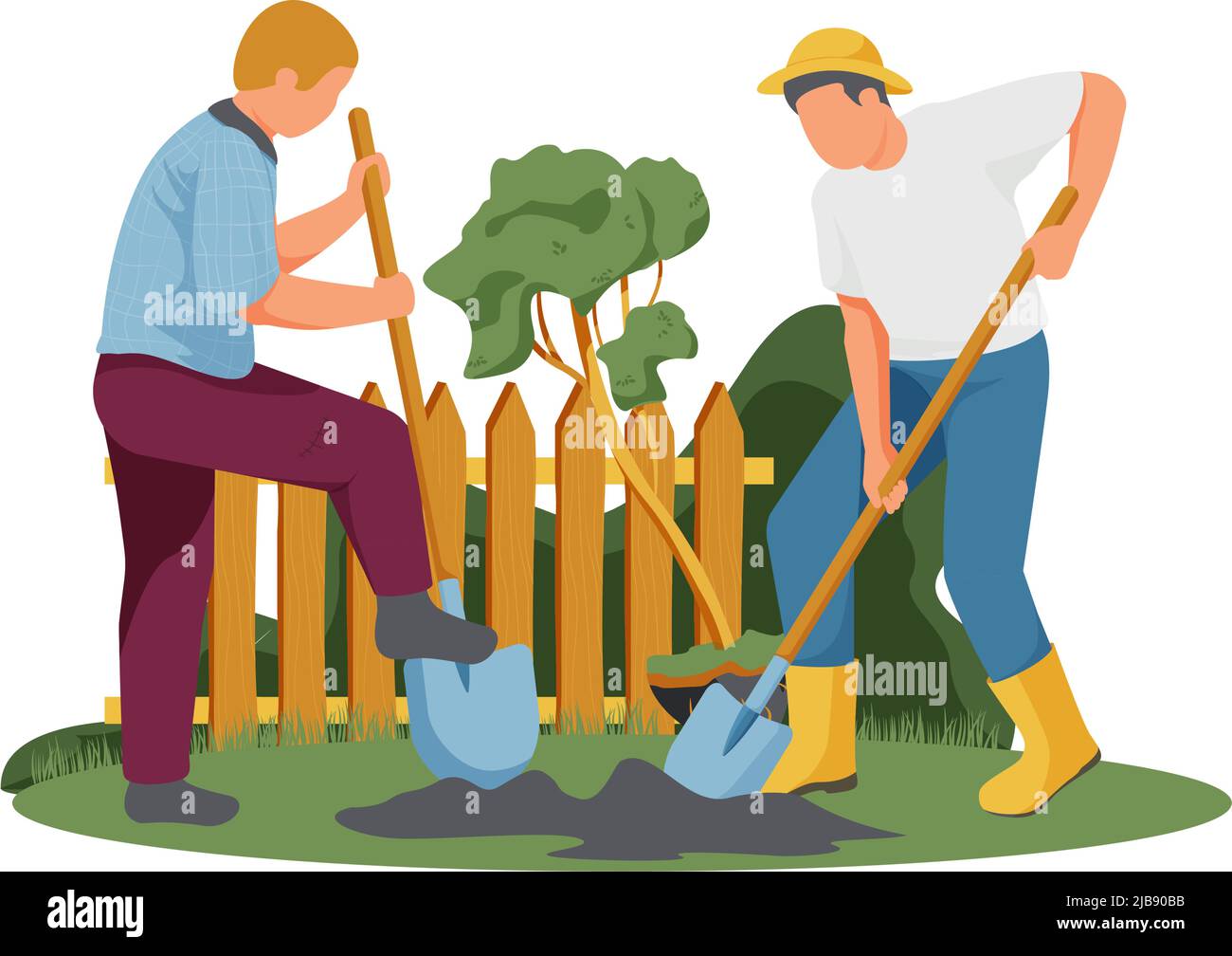 Flat composition with two men planting tree in garden vector ...
