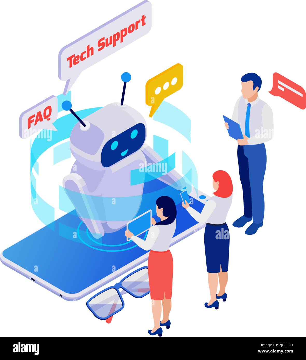 Isometric icon with customers asking questions to technical support ...