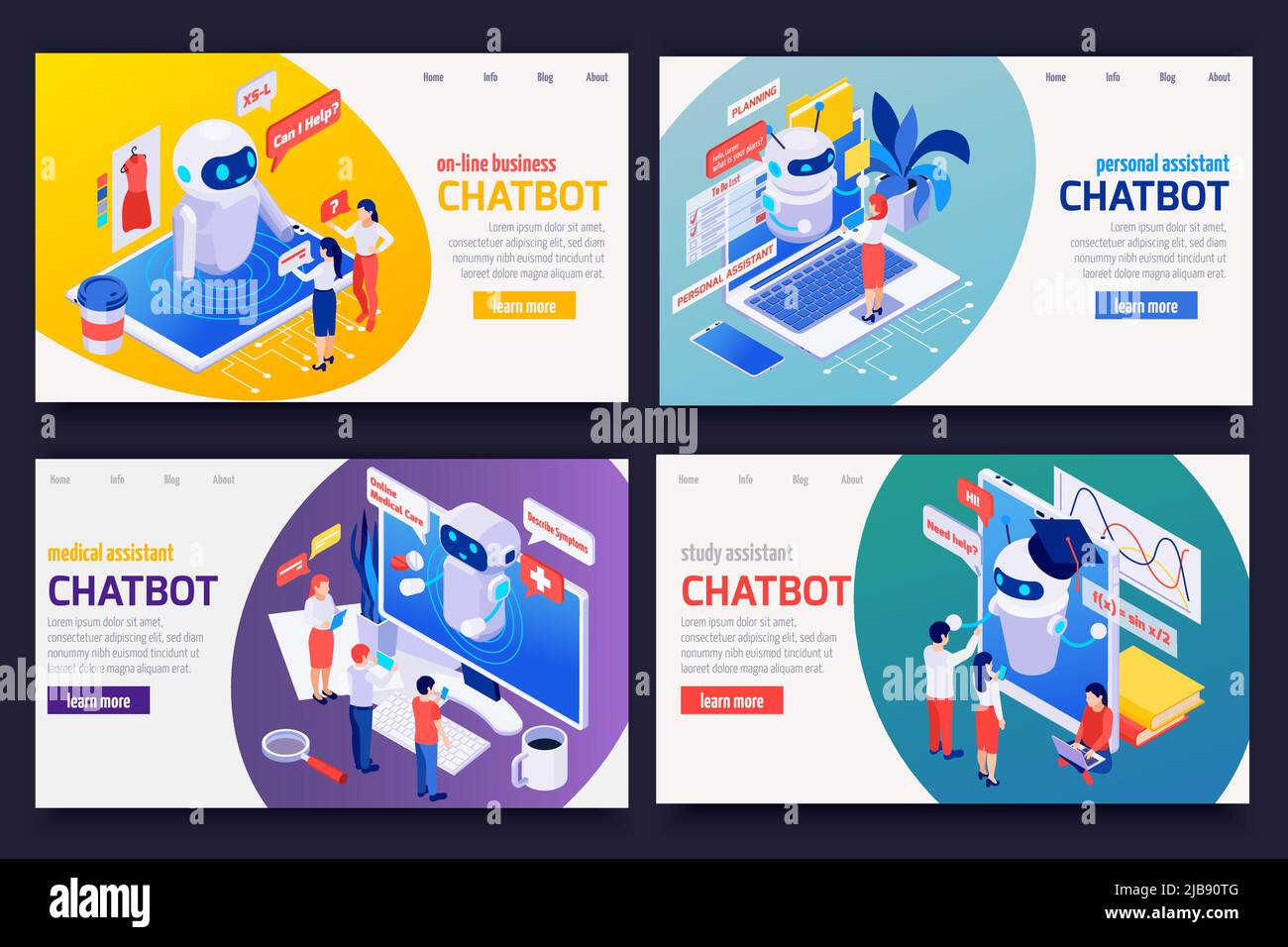 Chatbot messenger concept 4 isometric web banners set with personal ...