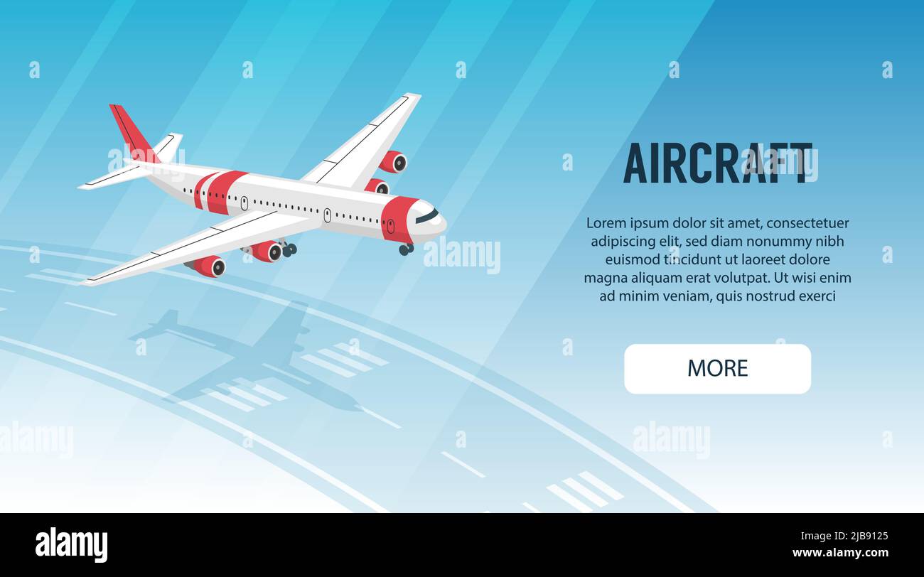 Horizontal banner with plane flying above airport takeoff runway 3d ...