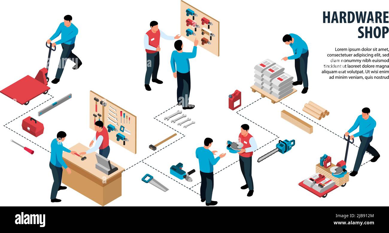 Hardware shop infographics with customers cashier cash desk building ...