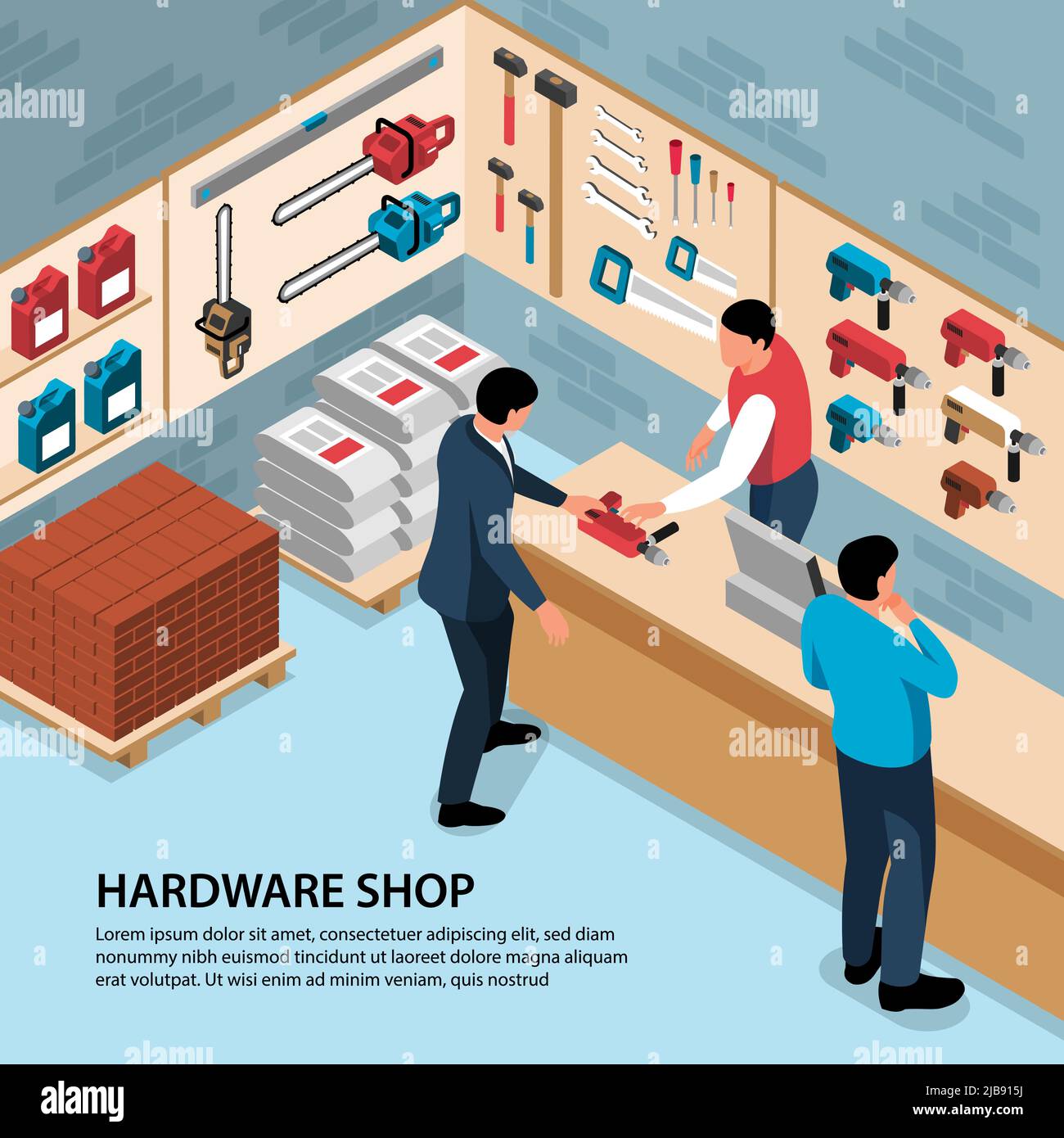 People buying building tools at hardware shop 3d isometric vector ...