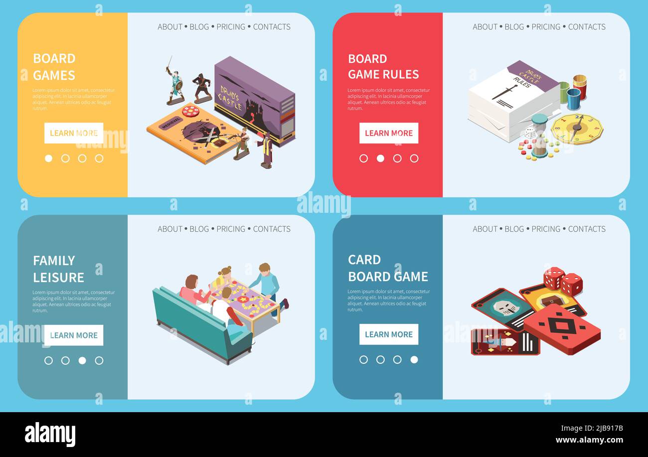 People playing board games isometric set of four horizontal banners ...