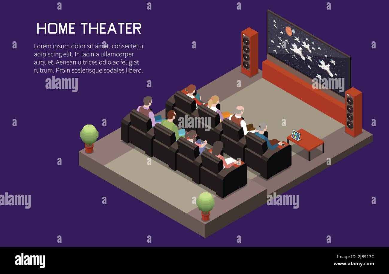 Cinema isometric background with editable text and composition of ...