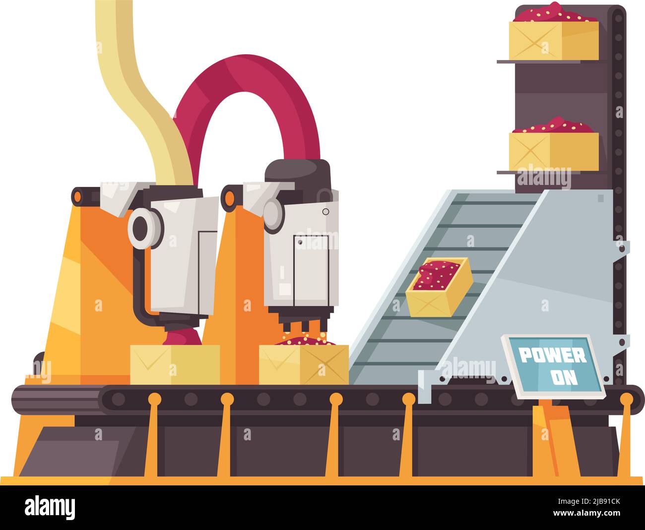 Automated plant machinery filling boxes on conveyor flat vector ...