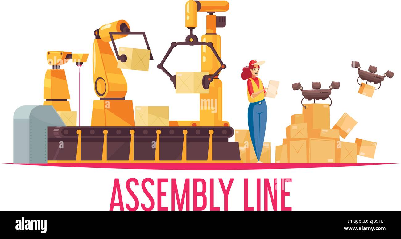 Automated robotic packing conveyor composition with text and doodle ...