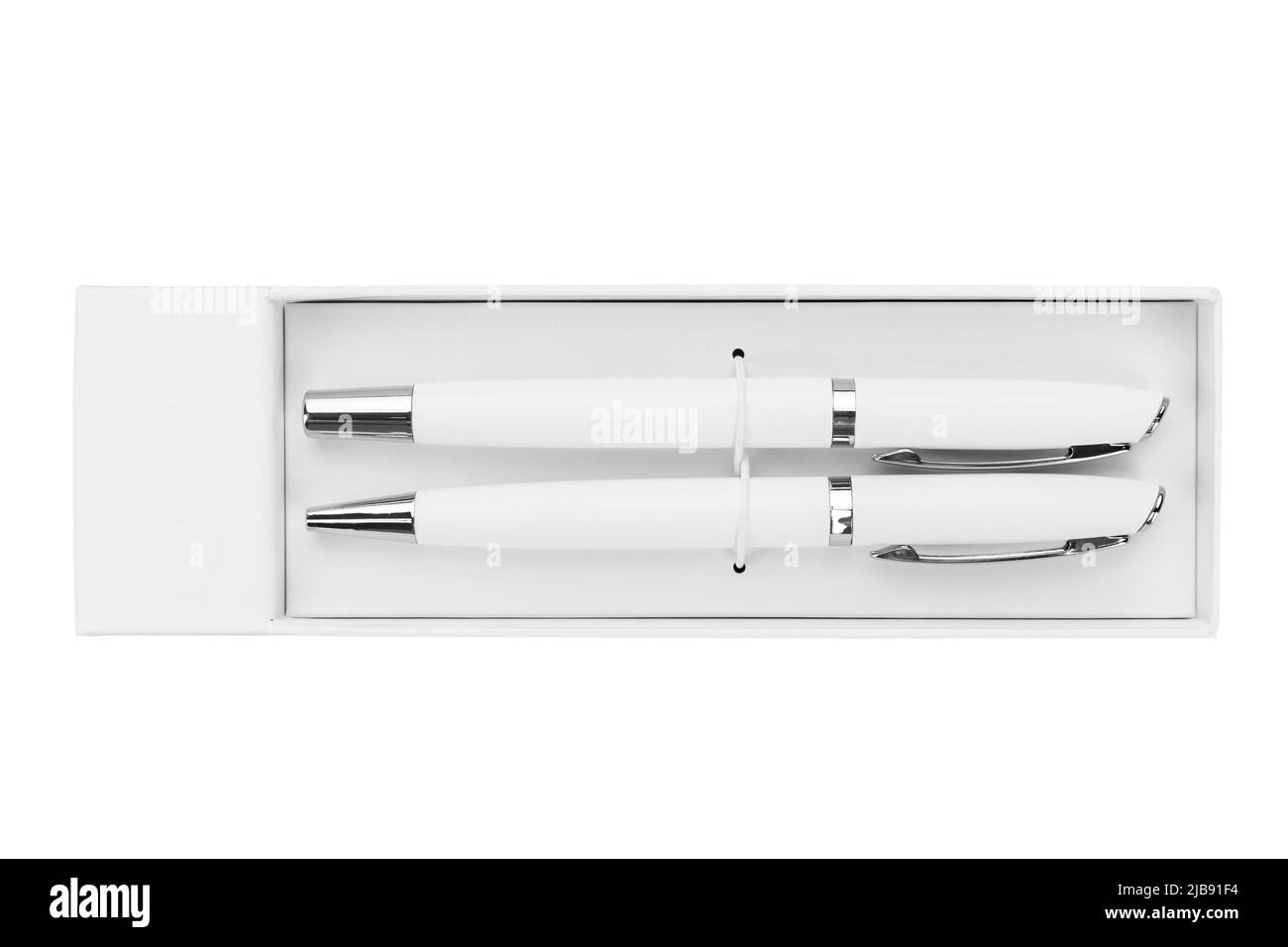 Two white ballpoint pens in a box on a white background. File contains ...
