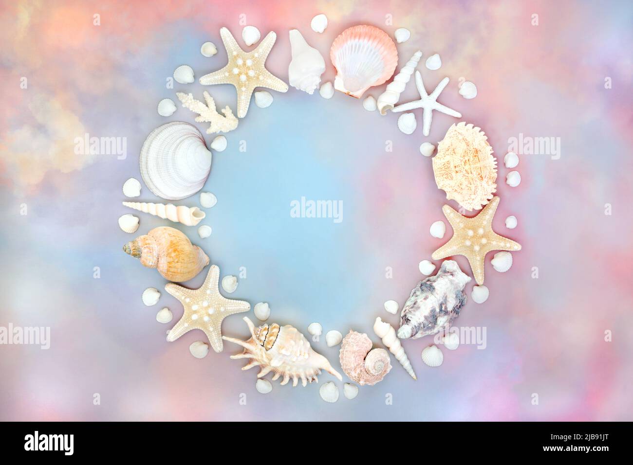 Wreath of shells on rainbow cloud sky background. Abstract heavenly ...