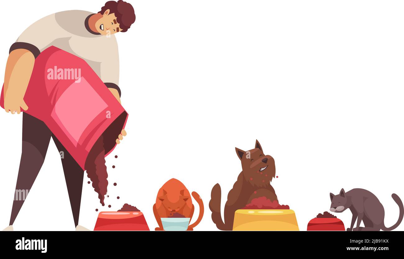 Cartoon icon with kind pet sitter feeding cats and dog vector ...