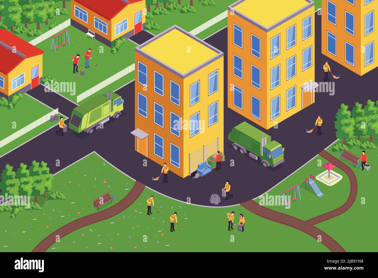 Isometric garbage composition with cleaning street sweep collect ...