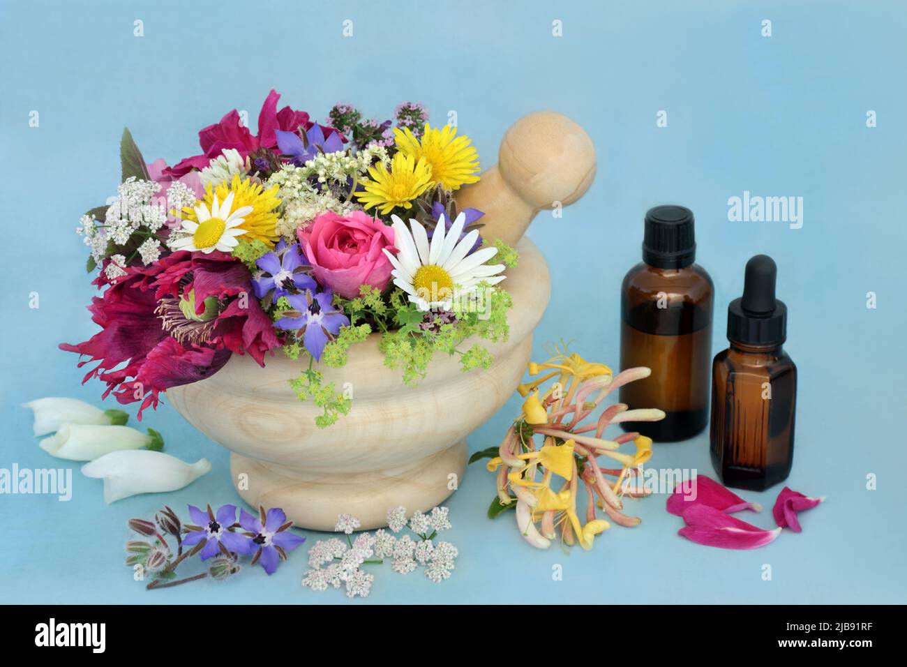Herbal flower remedy medicine preparation with herbs, flowers ...