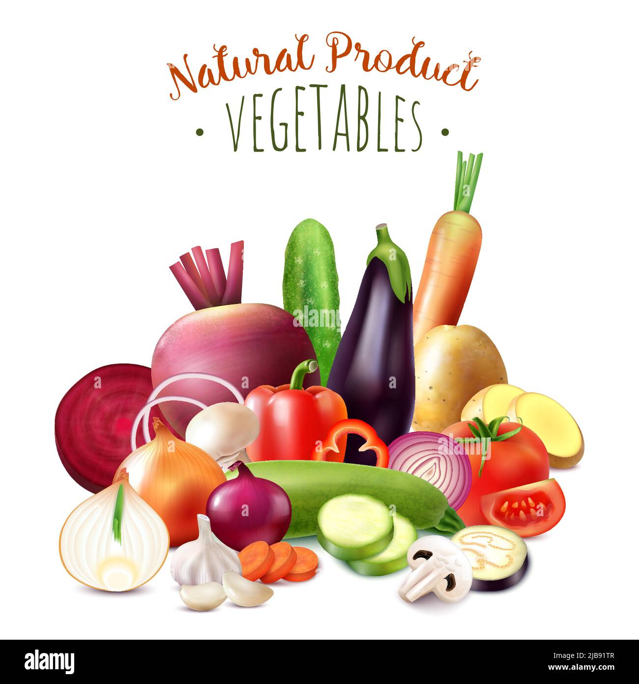 Realistic vegetables composition on white background with ornate text ...
