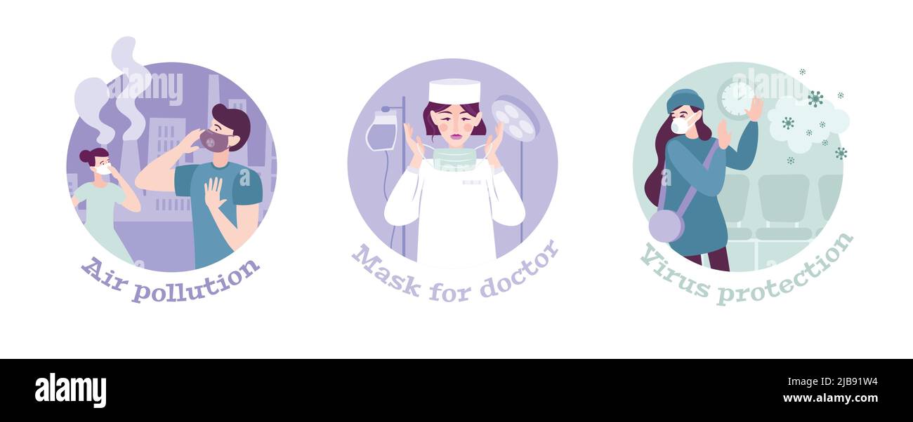 Set of three protection mask round flat compositions with people ...