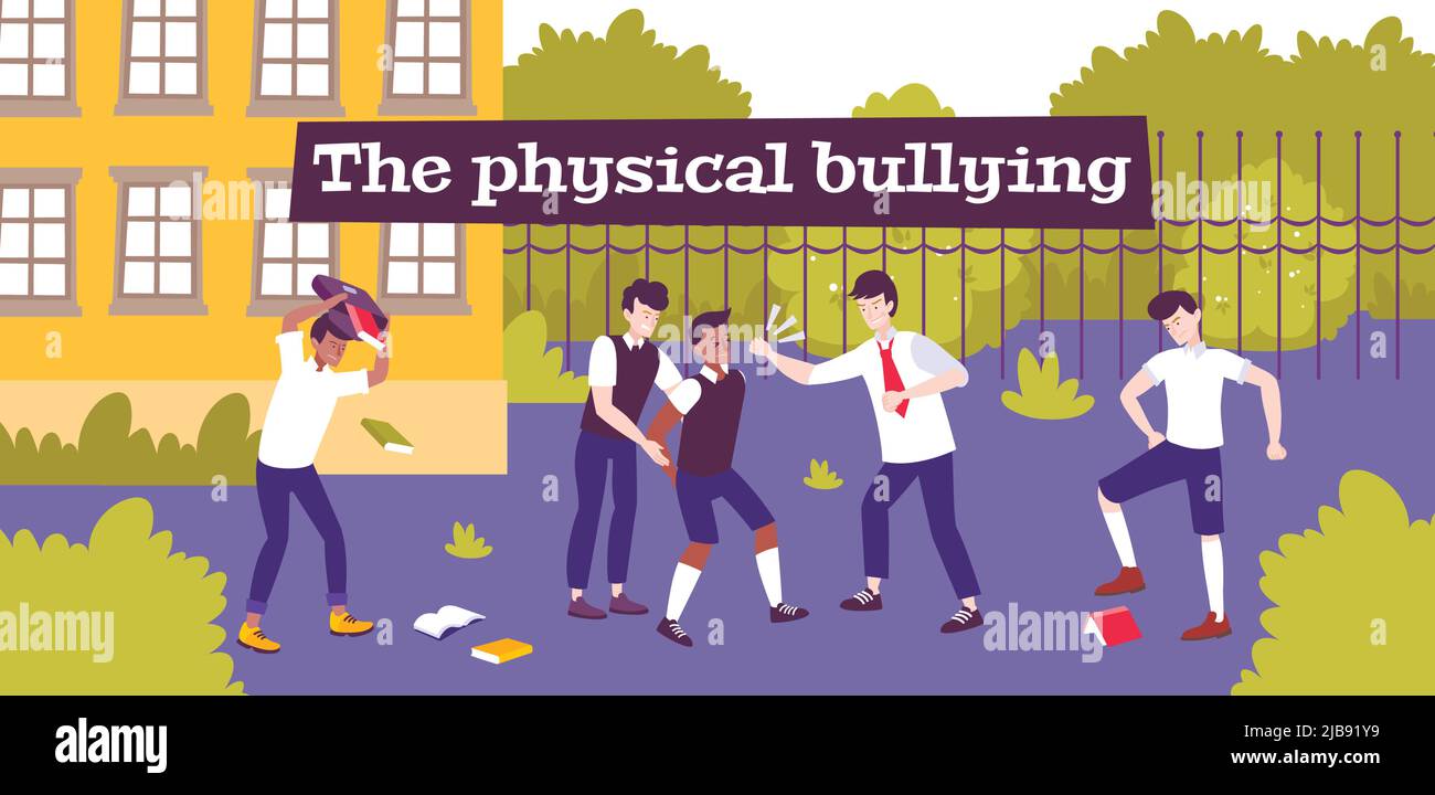 Physical bullying flat composition with school backyard scenery and ...