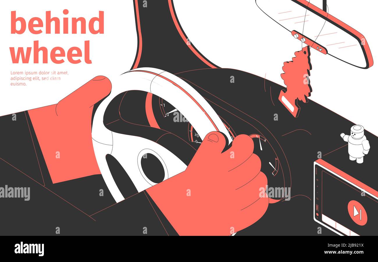 Behind wheel isometric background with editable text and images of ...