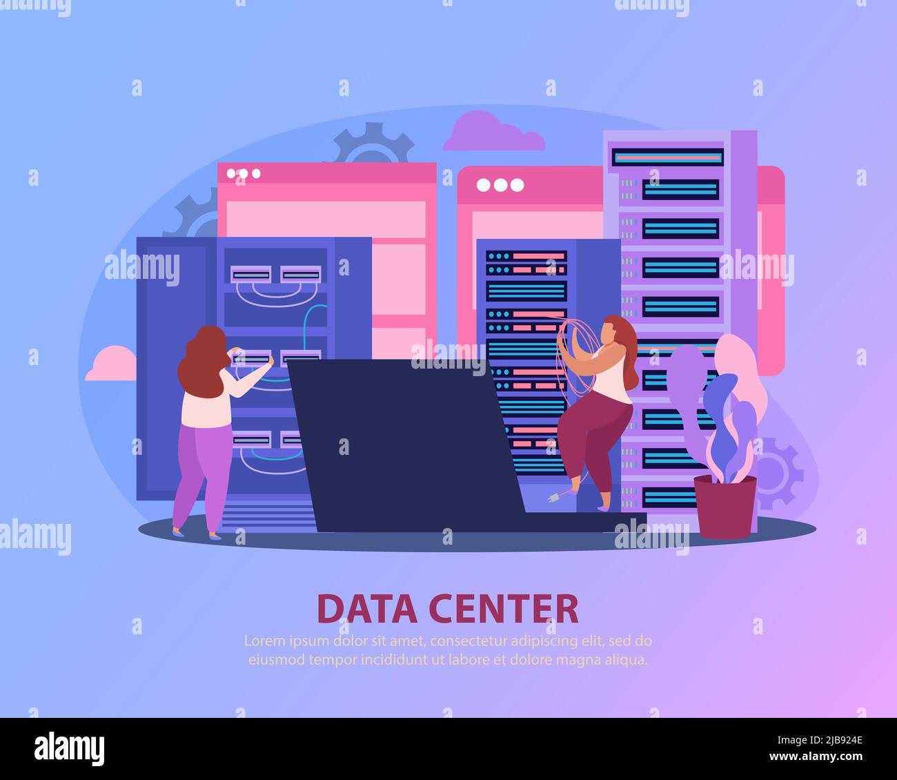 System administrator flat background with images of server racks ...