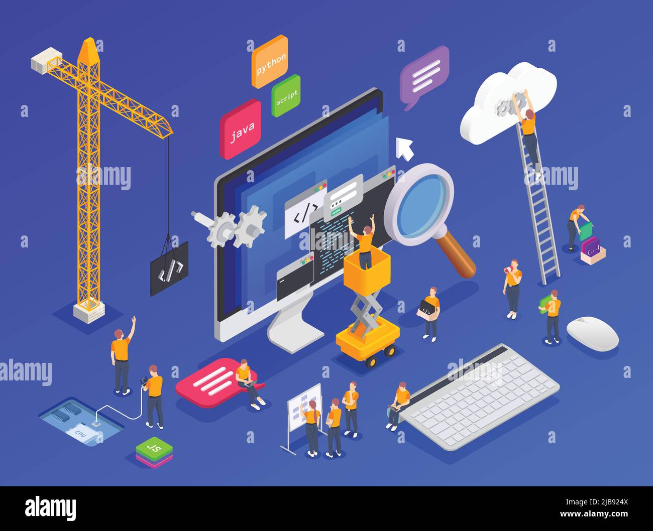 Colored Programming Coding Development Isometric Concept With Tools And Elements Of Programming