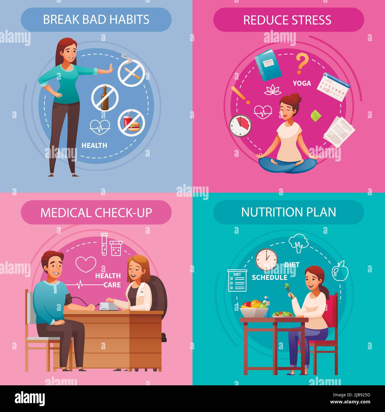 Healthy lifestyle concept 4 cartoon compositions with bad habits ...