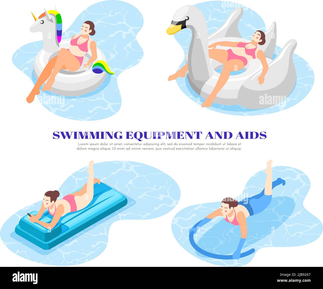 Isometric 4x1 icons set with people using swimming equipment and aids ...