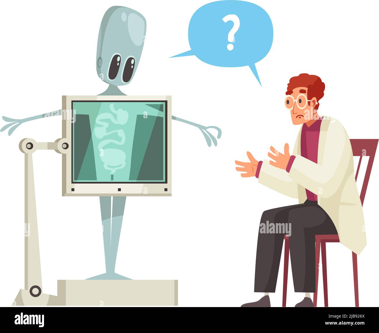 Confused doctor or scientist doing xray of cute humanoid cartoon vector ...