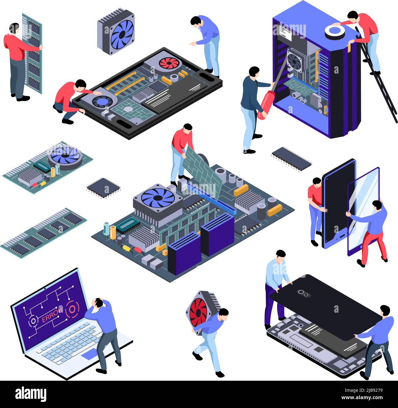 People from computer repair service and broken devices 3d isometric ...