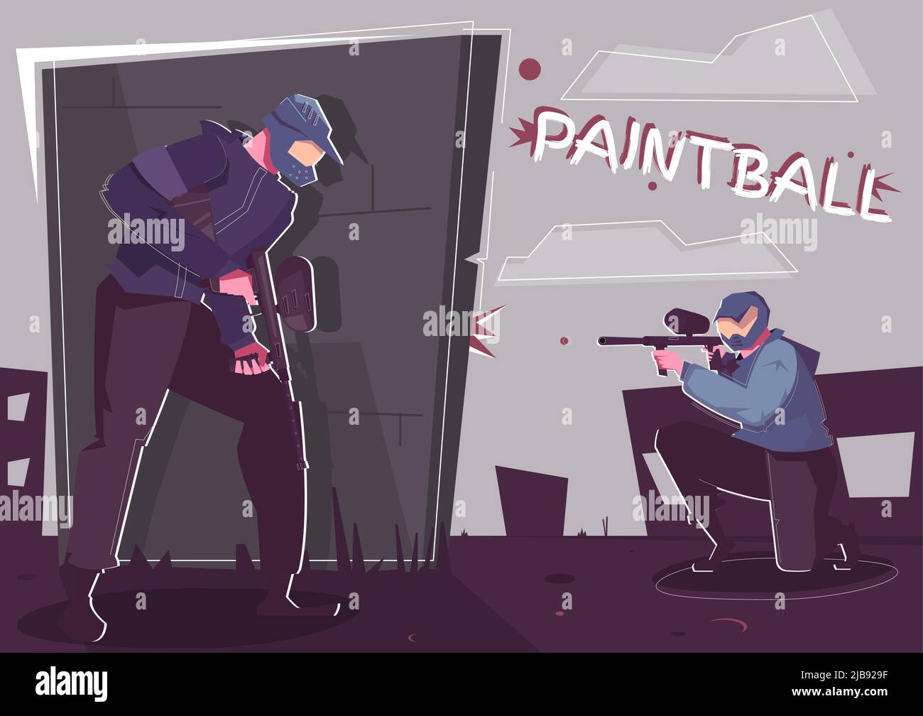 Paintball flat poster with two shooting players in protective uniform ...