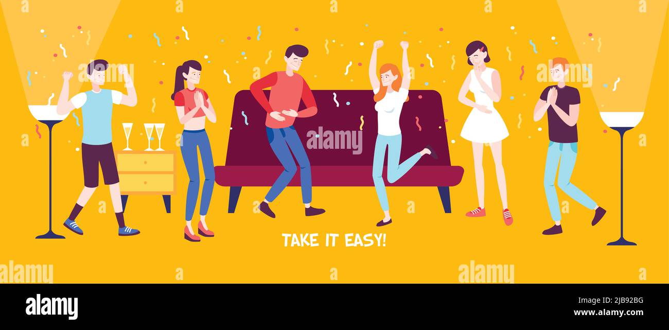 Take it easy flat composition with group of happy dancing people in ...
