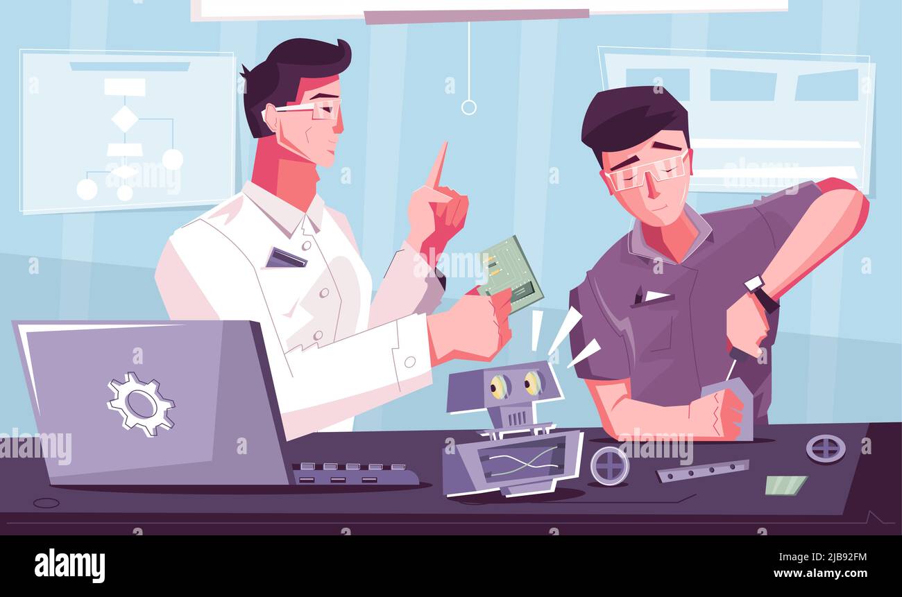 Robotics class composition with flat human characters of teacher and ...