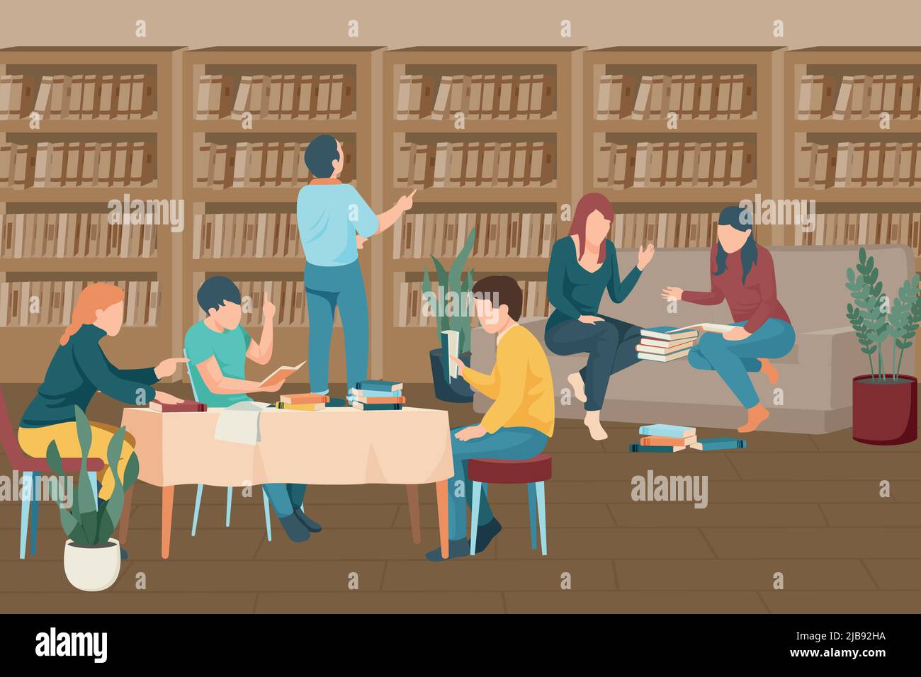 Flat composition with modern students studying together in library ...