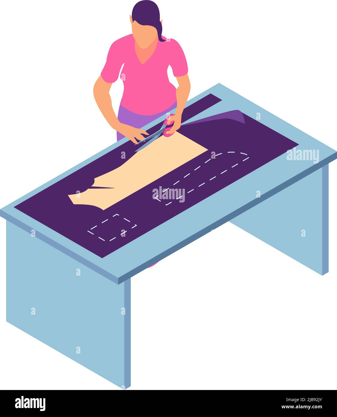 Isometric sewing workshop studio composition with female character of ...