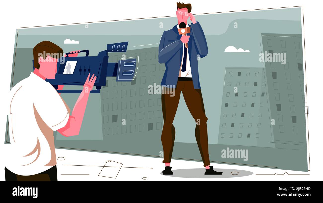 News reporter composition with flat cityscape background and characters ...
