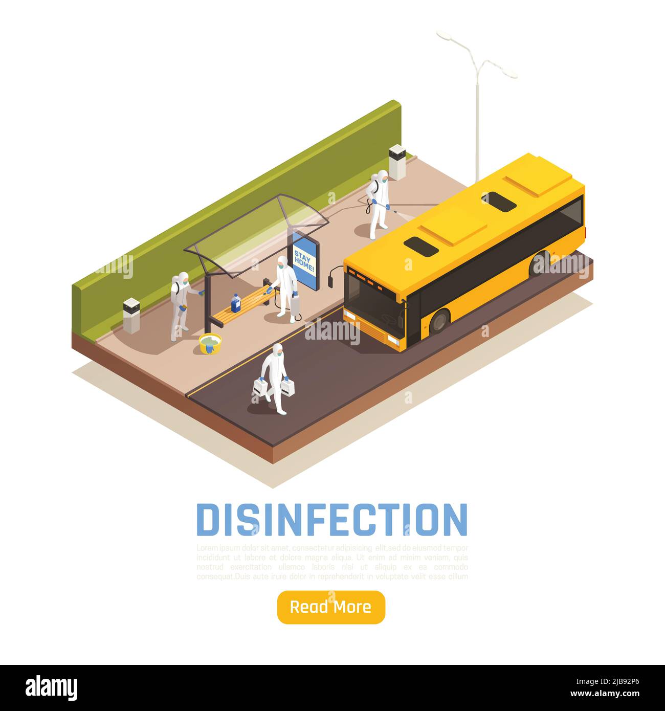 Sanitizing isometric background with outdoor scenery with bus stop ...