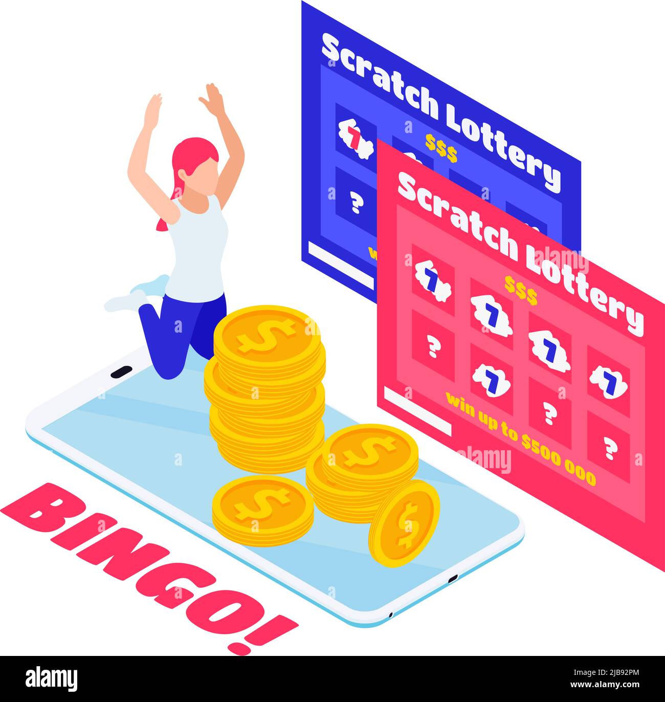 Isometric composition with lottery scratch cards coins happy character ...