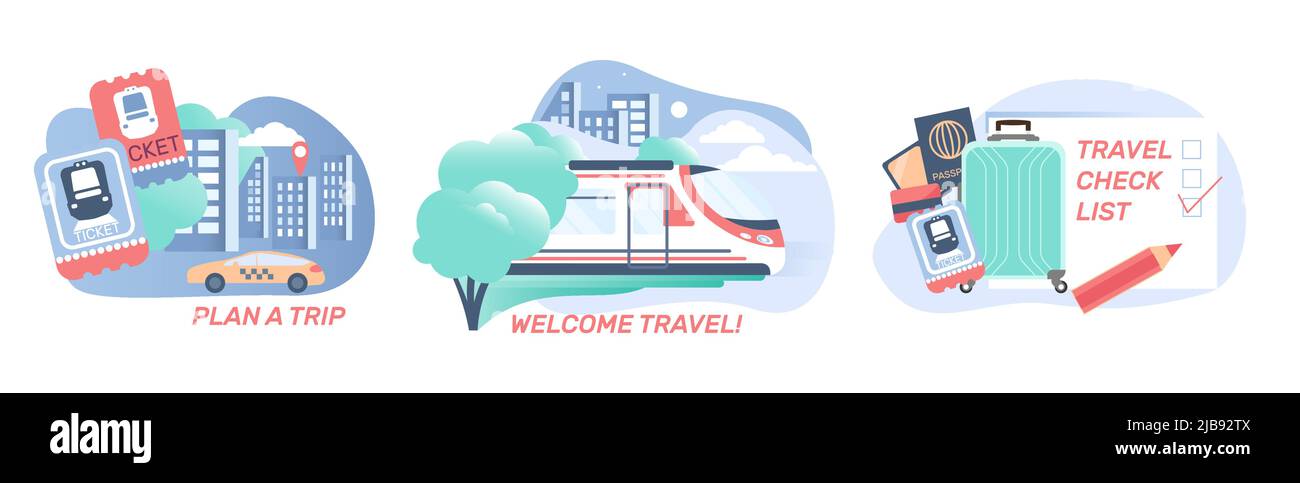 Railway station set of compositions with flat images of travel check ...