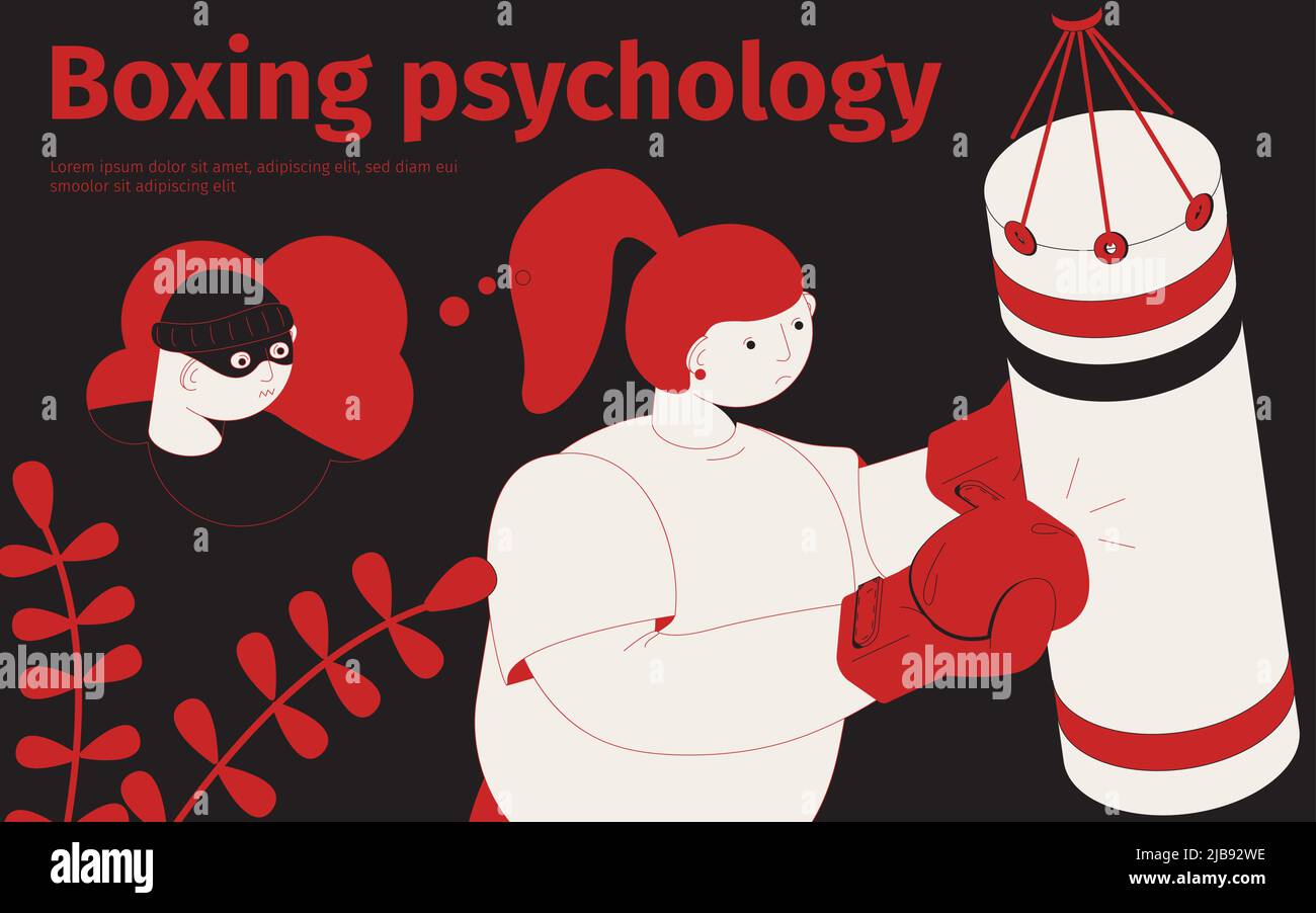 Punching bag boxing psychology isometric background with woman kicking ...