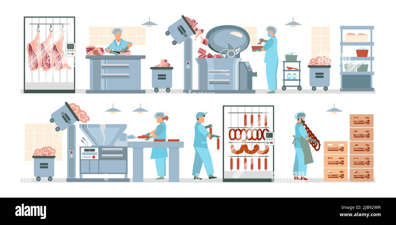 Meat processing plant flat composition with factory kitchen equipment ...