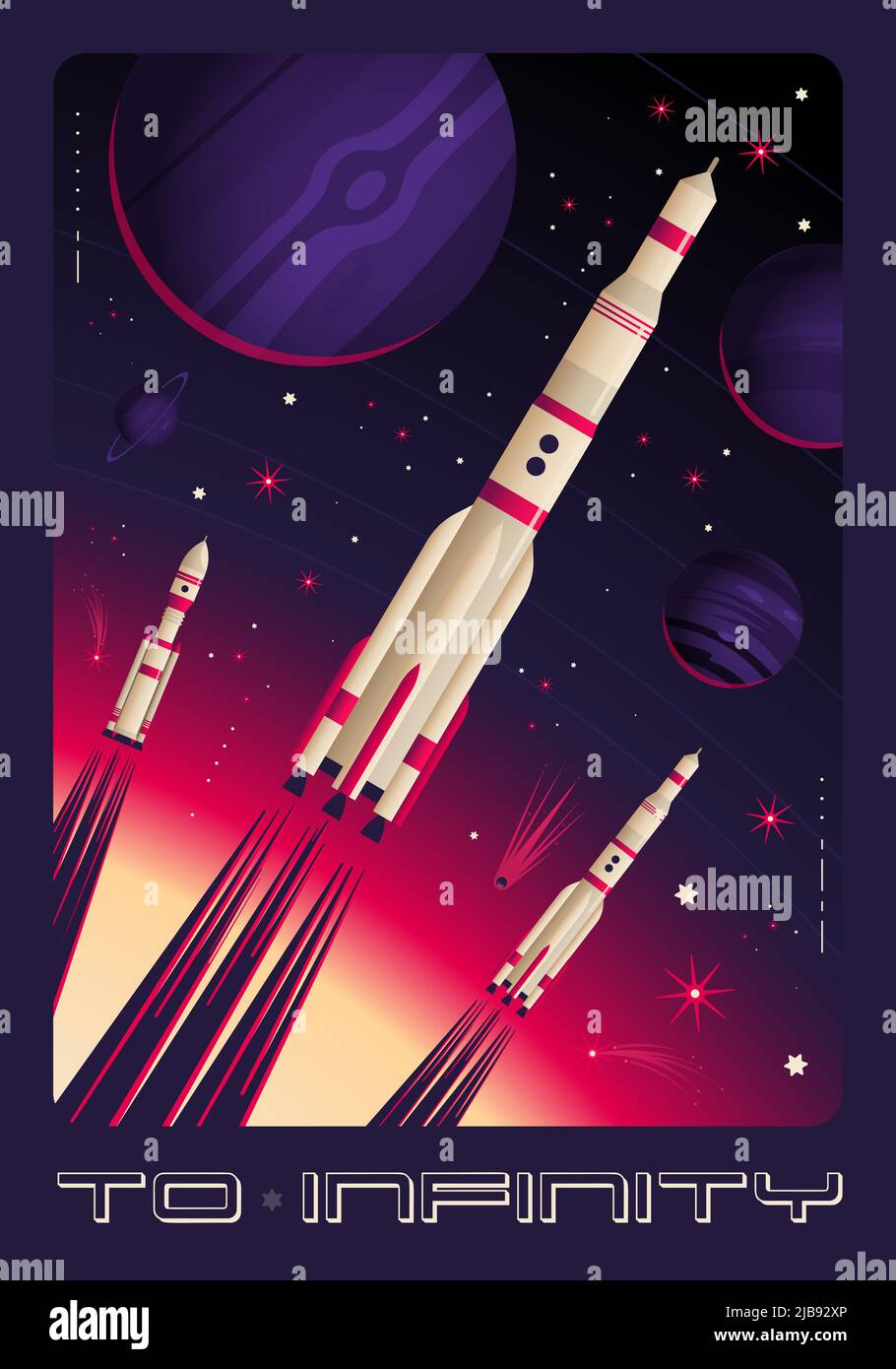 Space vertical poster with frame and composition of launching rockets ...
