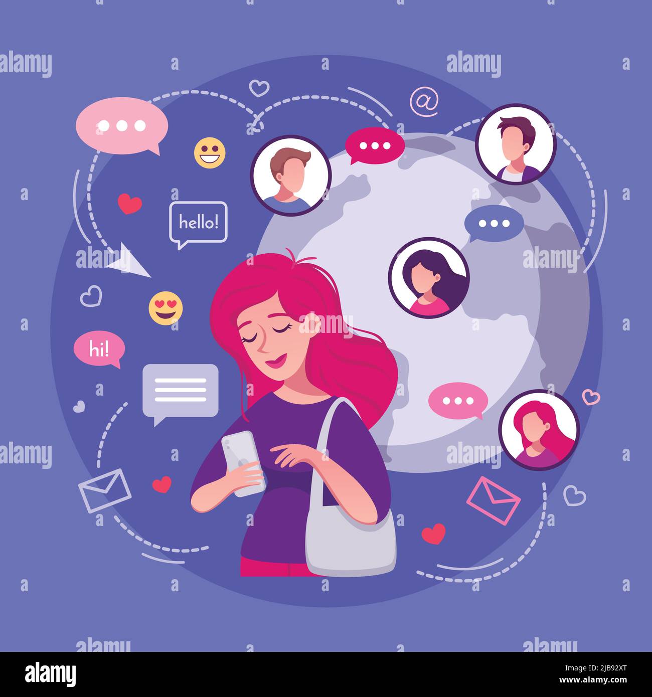 Virtual relationships online dating cartoon composition with female ...